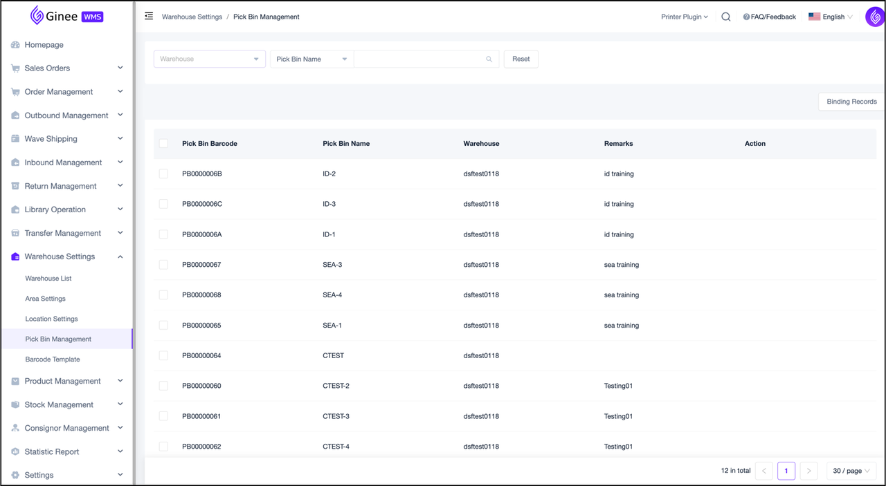 Ginee WMS & PDA - Pick Bin Management - Ginee